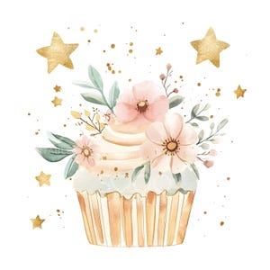 30 Boho Pastel Cupcake Clipart, Kids Birthday Cupcakes Invite, Gold ...