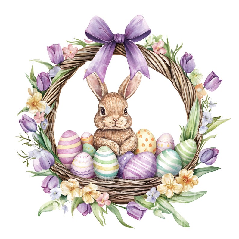 19 Basket Wreath With Bunny Clipart, Easter Bunnies, Floral Easter Card ...