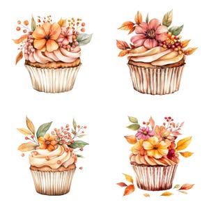 30 Autumn Floral Cupcake Clipart, Fall Cupcake, High Quality Jpgs ...