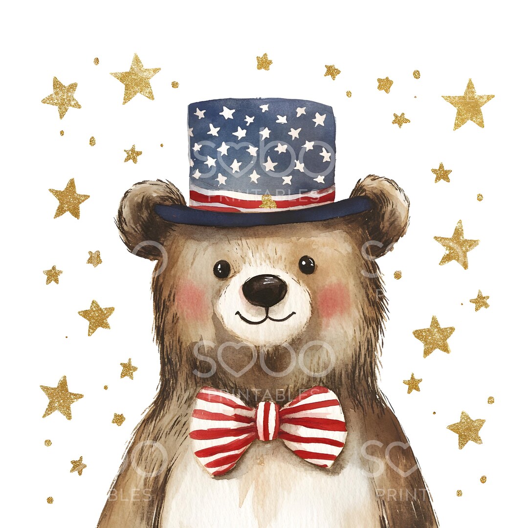 24 Patriotic Brown Bear Clipart, 4th of July Bear, Printable Watercolor ...