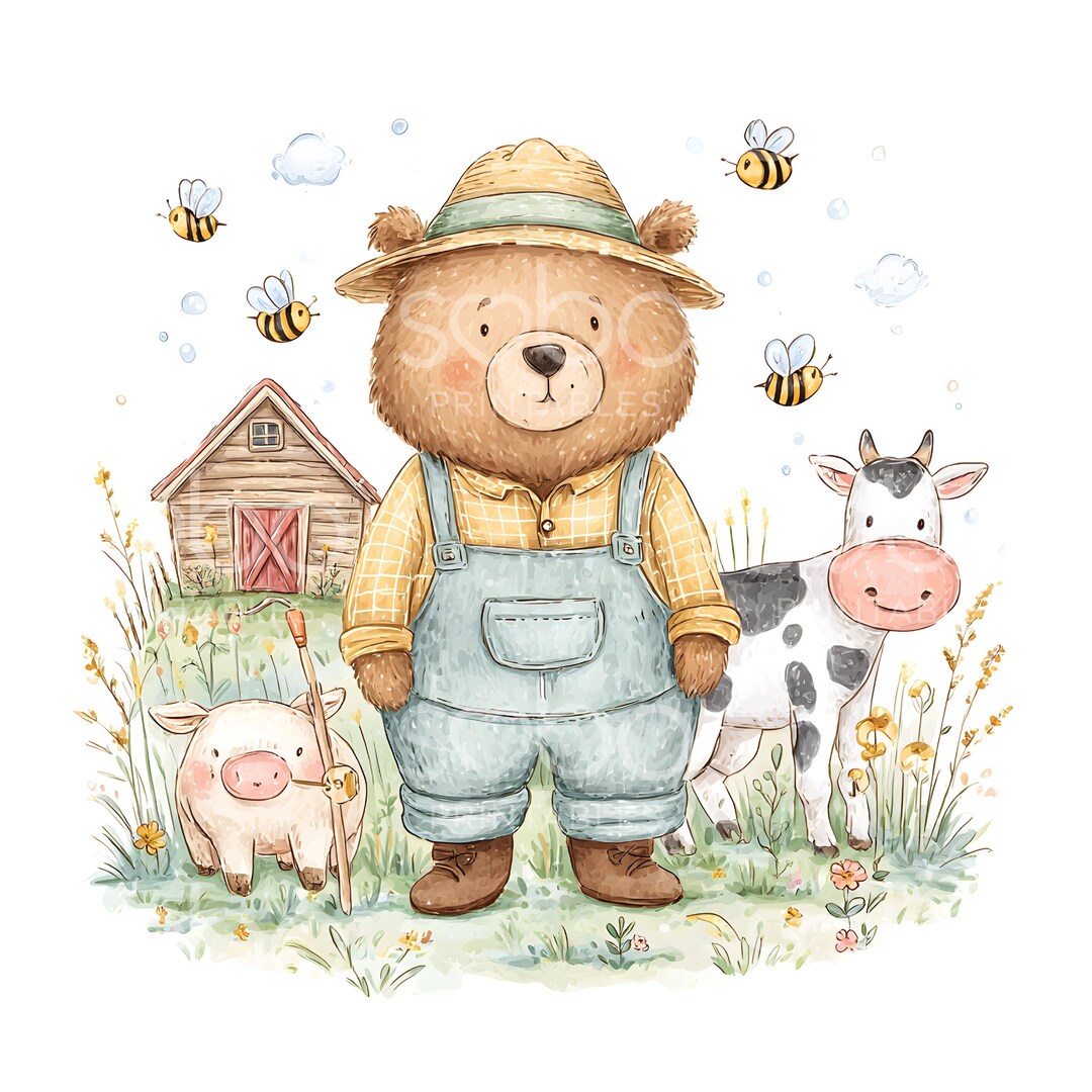 14 Farmer Brown Bear Clipart, Nursery Farm Invite, Kids Watercolor Art ...