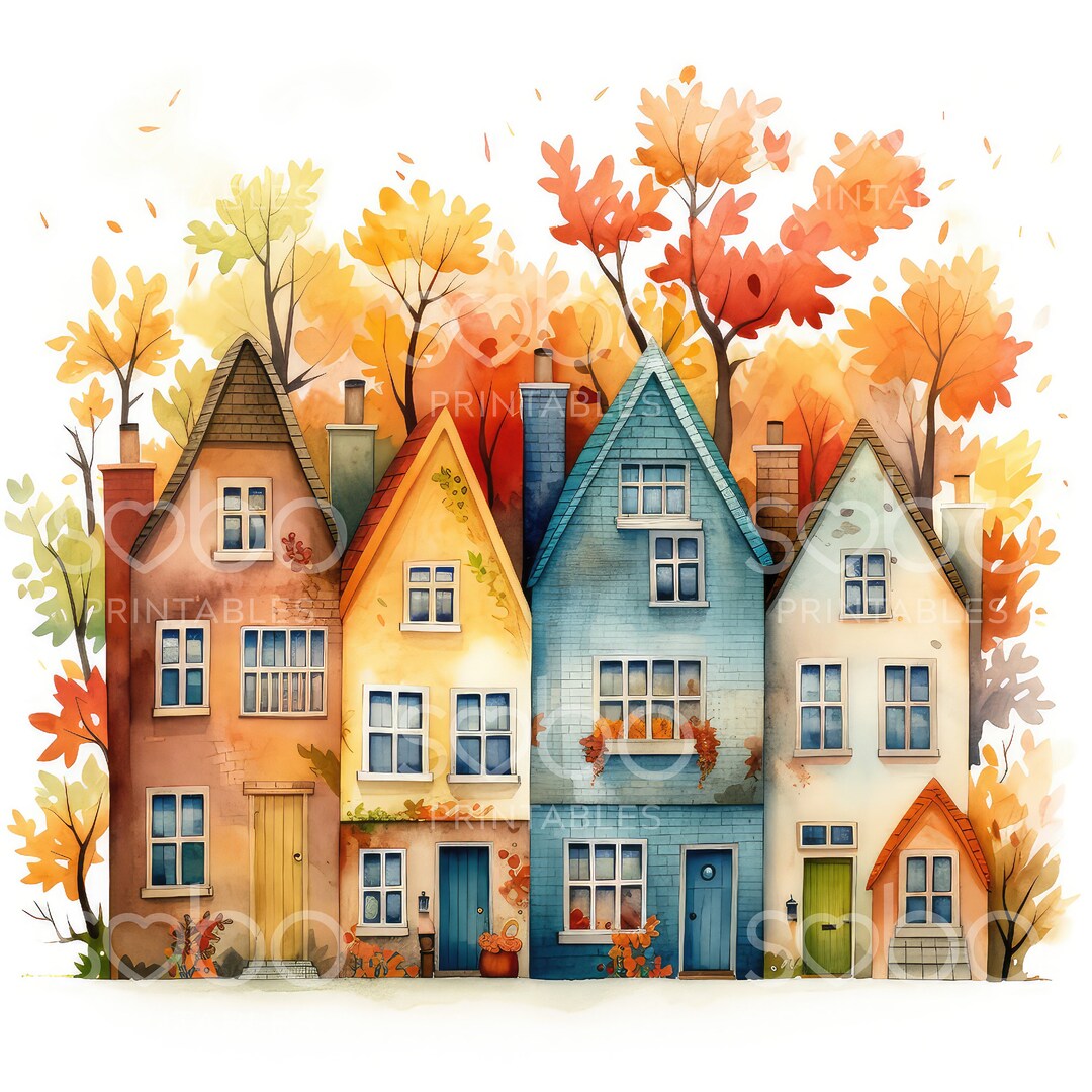 Quirky Autumn Houses - 11 High Quality Jpgs, Wall Art, Scrapbook, Junk ...