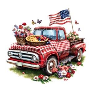 23 Patriotic Truck Clipart, 4th of July Picnic, Printable Watercolor ...