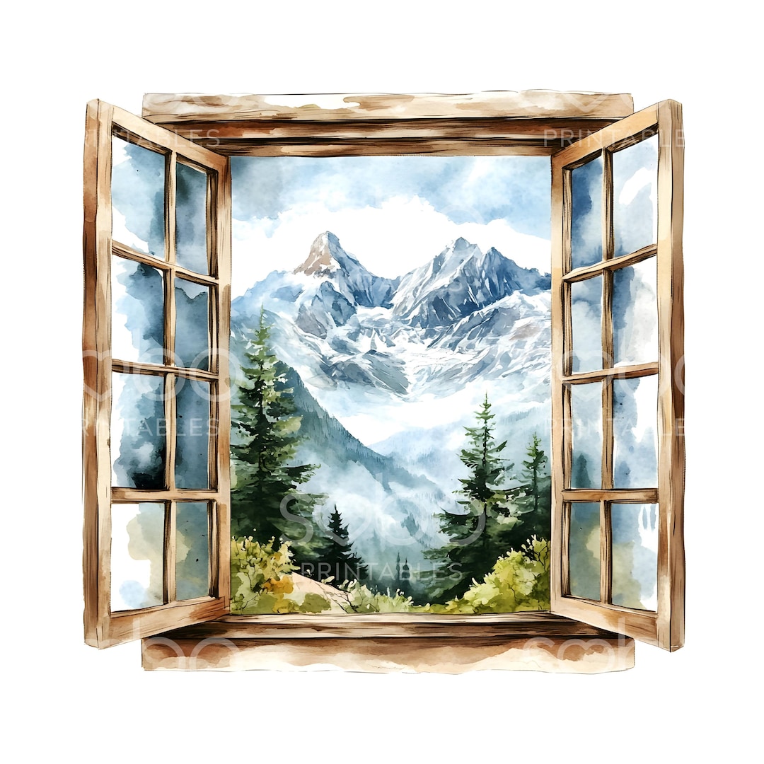 18 Window View Mountains Clipart, Window to Alpine View, Mountains Art ...