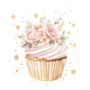 30 Boho Pastel Cupcake Clipart, Kids Birthday Cupcakes Invite, Gold ...