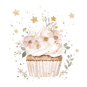 30 Boho Pastel Cupcake Clipart, Kids Birthday Cupcakes Invite, Gold ...