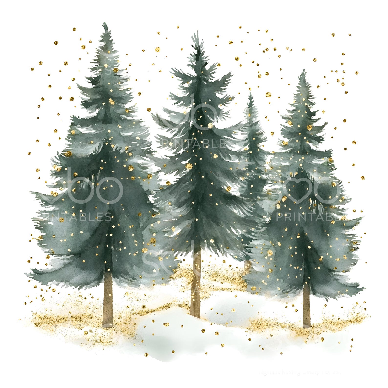20 Christmas Pine Trees Clipart, Gold Winter Festive Clipart, Printable ...