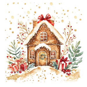 16 Gingerbread House Clipart, Gold Christmas, Watercolor Christmas Card ...