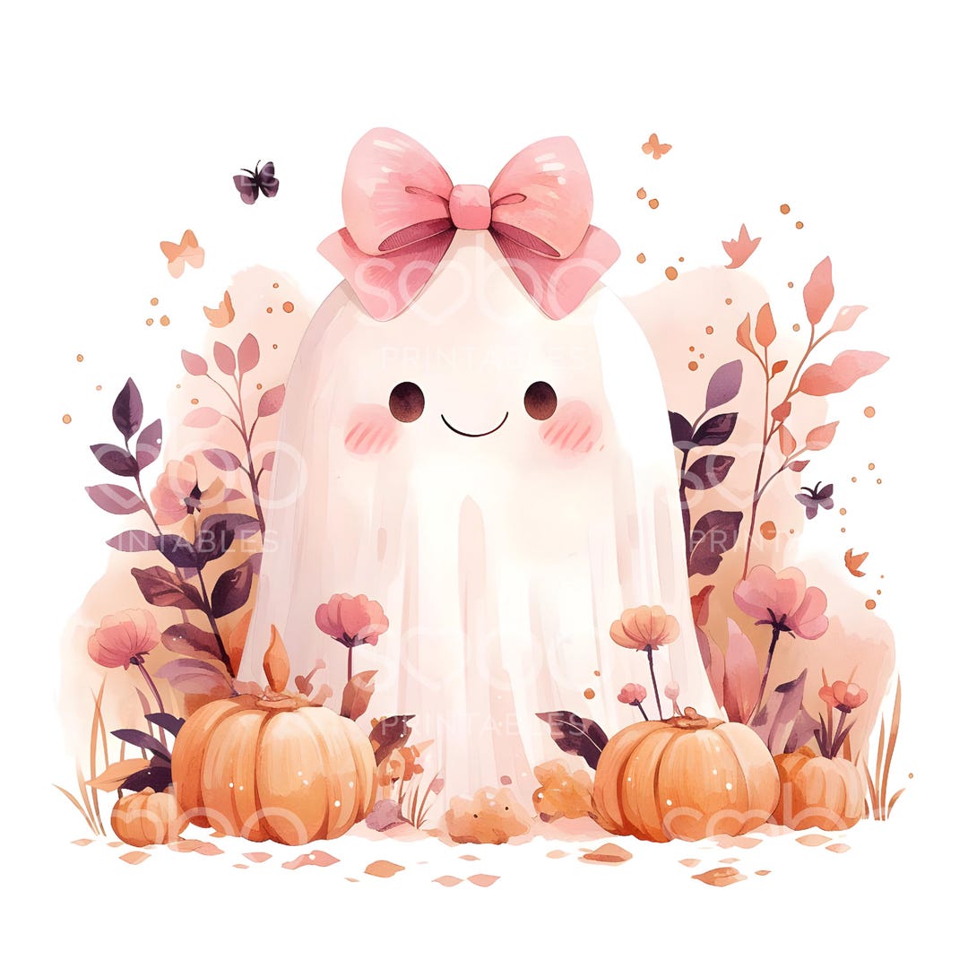 16 Pink Halloween Cute Ghost, Coquette Bows, Spooky Clipart, Printable ...
