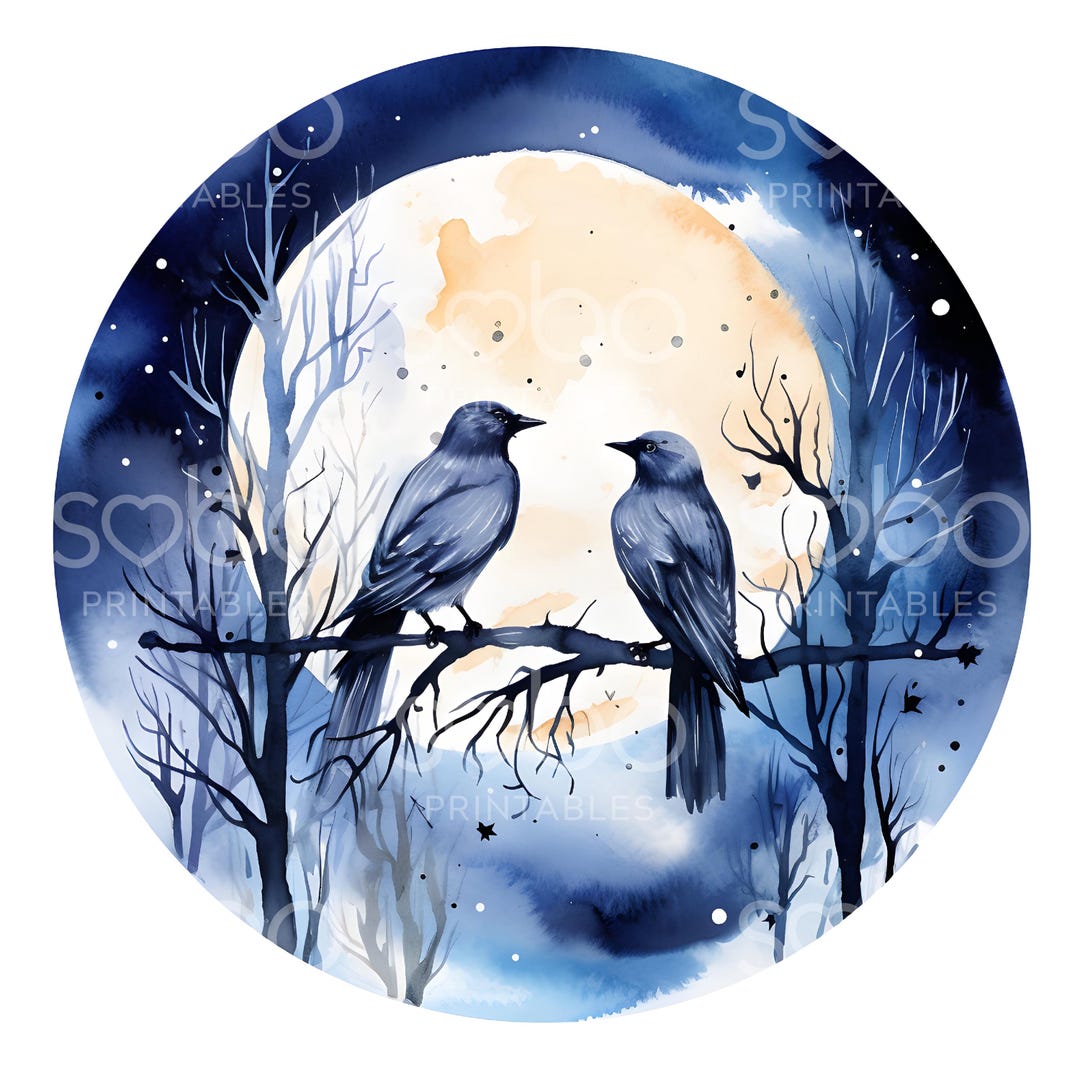 24 Full Moon Crows Clipart, Raven Spooky Halloween, Watercolor Clipart, High Quality Jpgs ...
