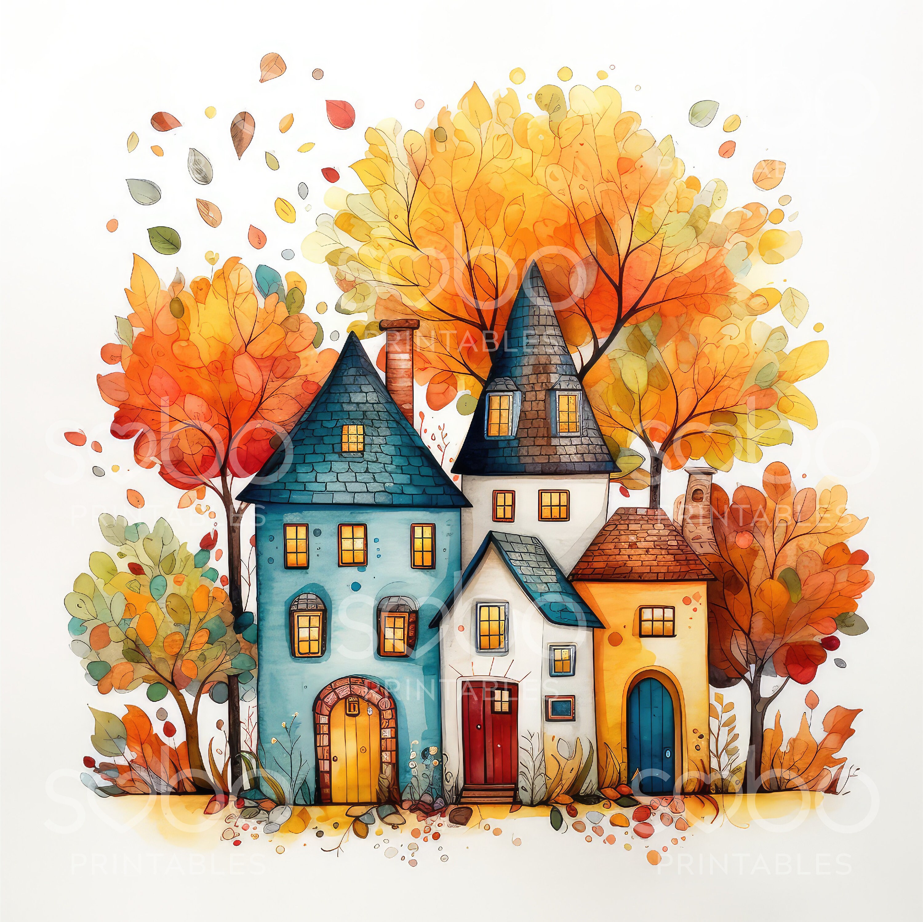 Quirky Autumn Houses - 11 High Quality Jpgs, Wall Art, Scrapbook, Junk ...