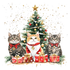 24 Christmas Tree Cats Clipart, Festive Cats, Watercolour Christmas ...