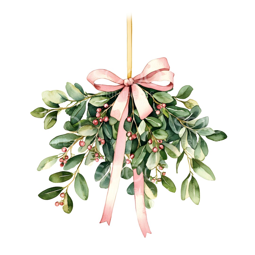 20 Pink Mistletoe Bow Clipart, Cute Pink Mistletoe, Cozy Festive Wreath ...