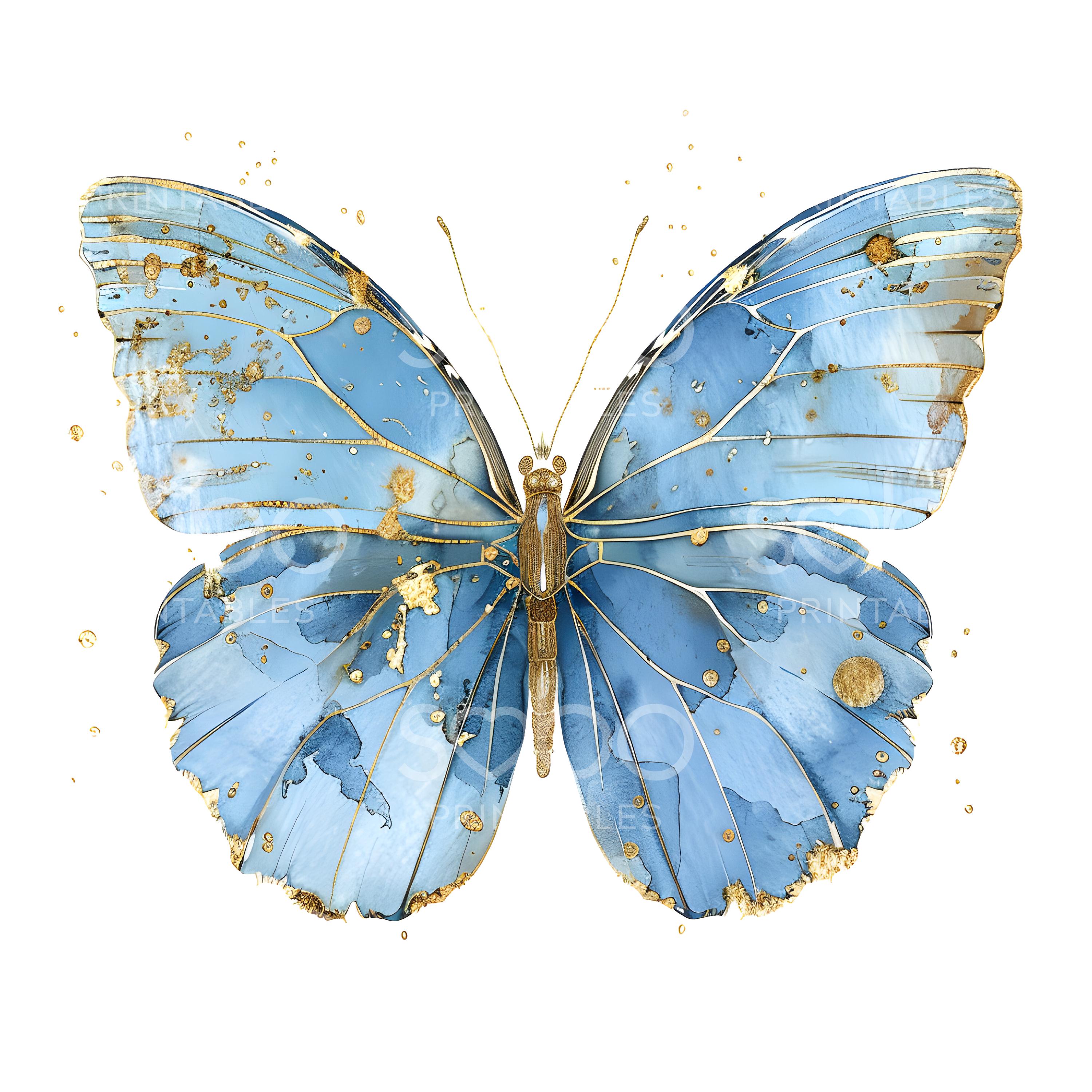 14 Blue Butterfly Clipart, Blue Gold Butterfly, Wall Art, Watercolor ...
