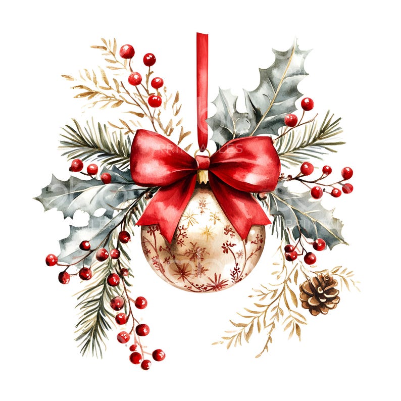 27 Xmas Red Ornament Clipart, Christmas Card, Gold Xmas Baubles ...