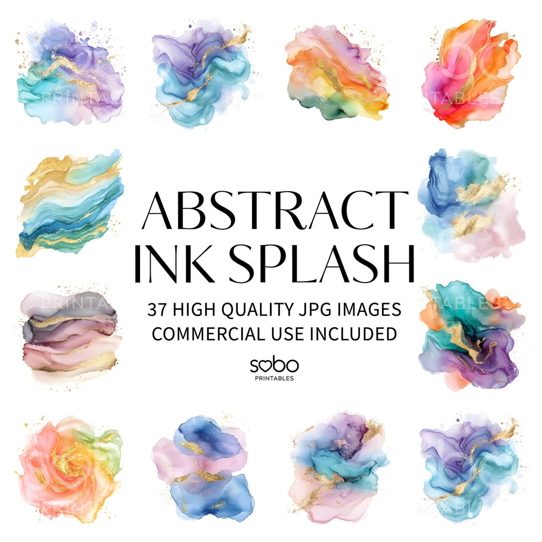 37 Abstract Ink Splash Clipart, Paint Splatter, Gold Ink Foil ...