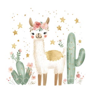 20 Llama Cactus Clipart, Cute Llama Clipart, Kids Nursery Art, Gold ...