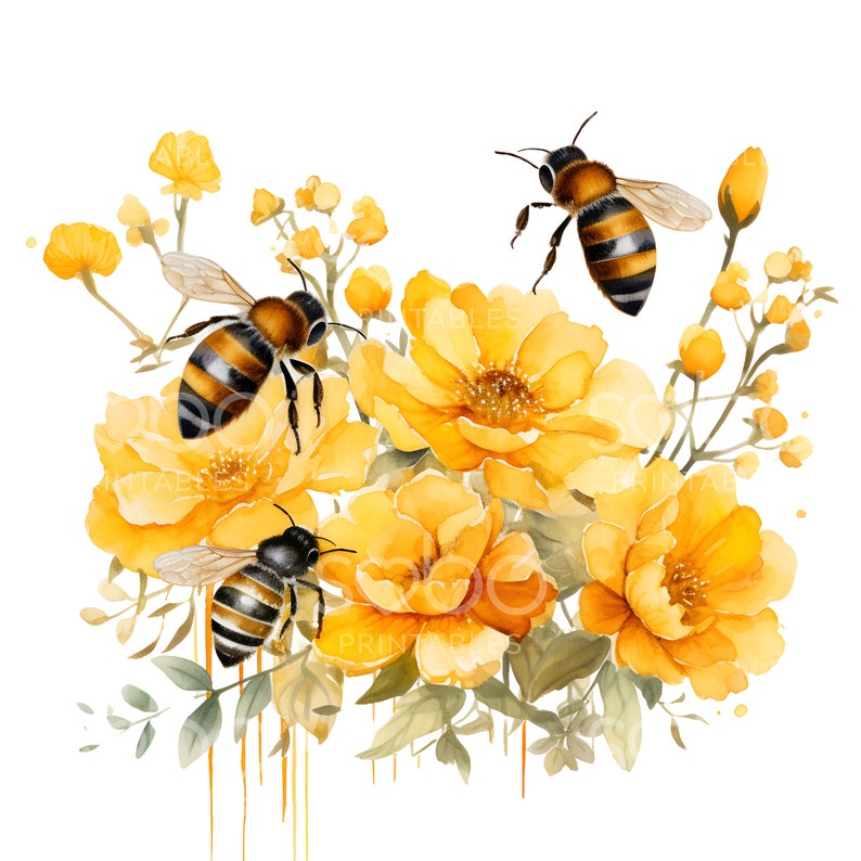 16 Bees in Flowers Clipart, Bees Clipart, Printable Watercolor Clipart ...