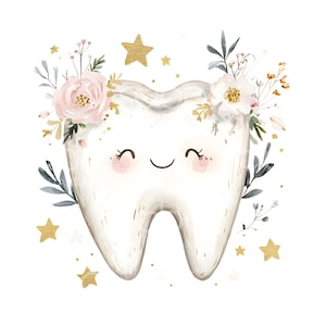20 Boho Floral Tooth Clipart, Cute Kids Nursery, Tooth Fairy, Gold Foil ...