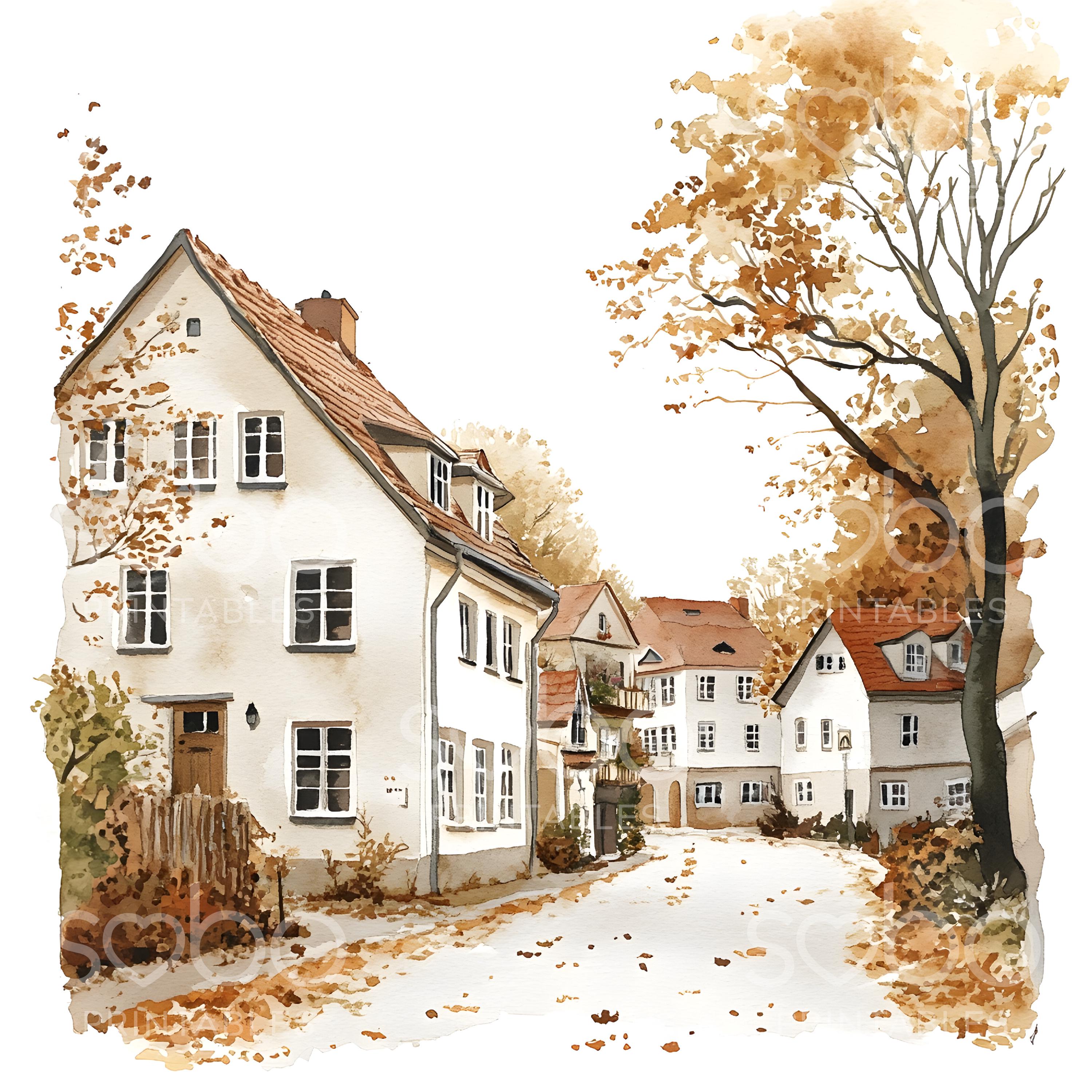 20 Autumn Street Clipart, Fall Autumn Clipart, Printable Watercolor ...