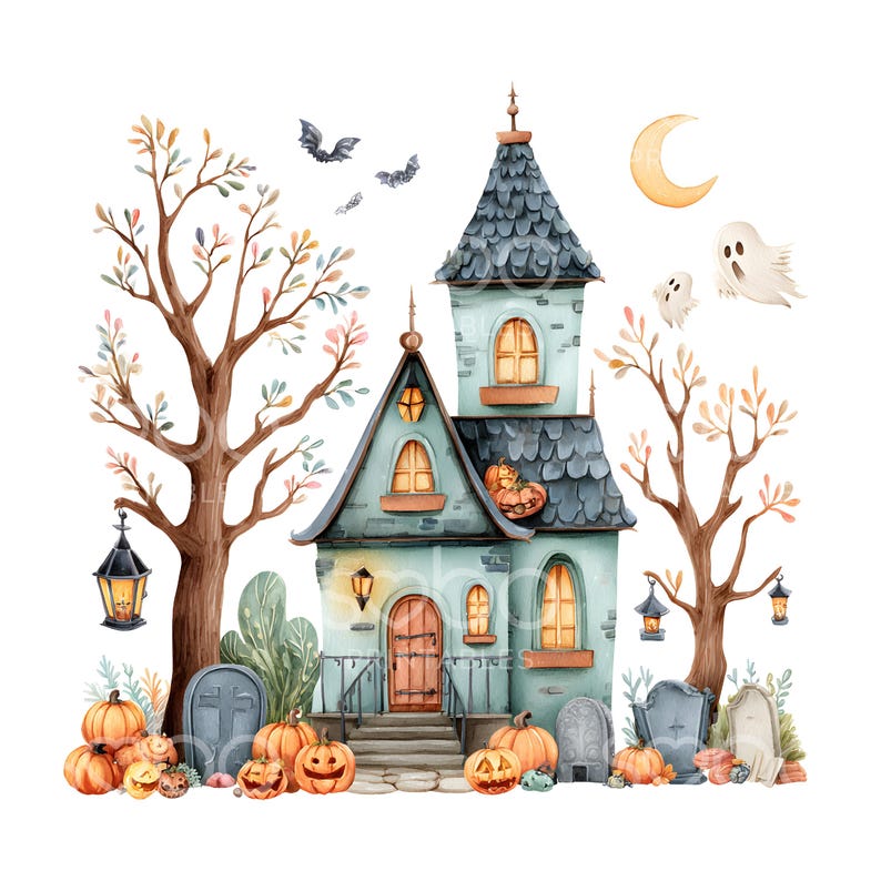23 Whimsical Spooky House Clipart, Cute Haunted House, Halloween ...