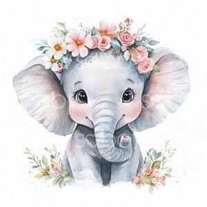 19 Baby Elephant Floral Clipart, Printable Watercolor Clipart, High ...