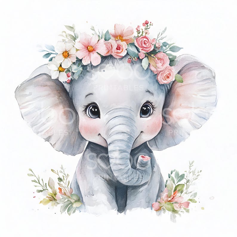 19 Baby Elephant Floral Clipart, Printable Watercolor Clipart, High ...