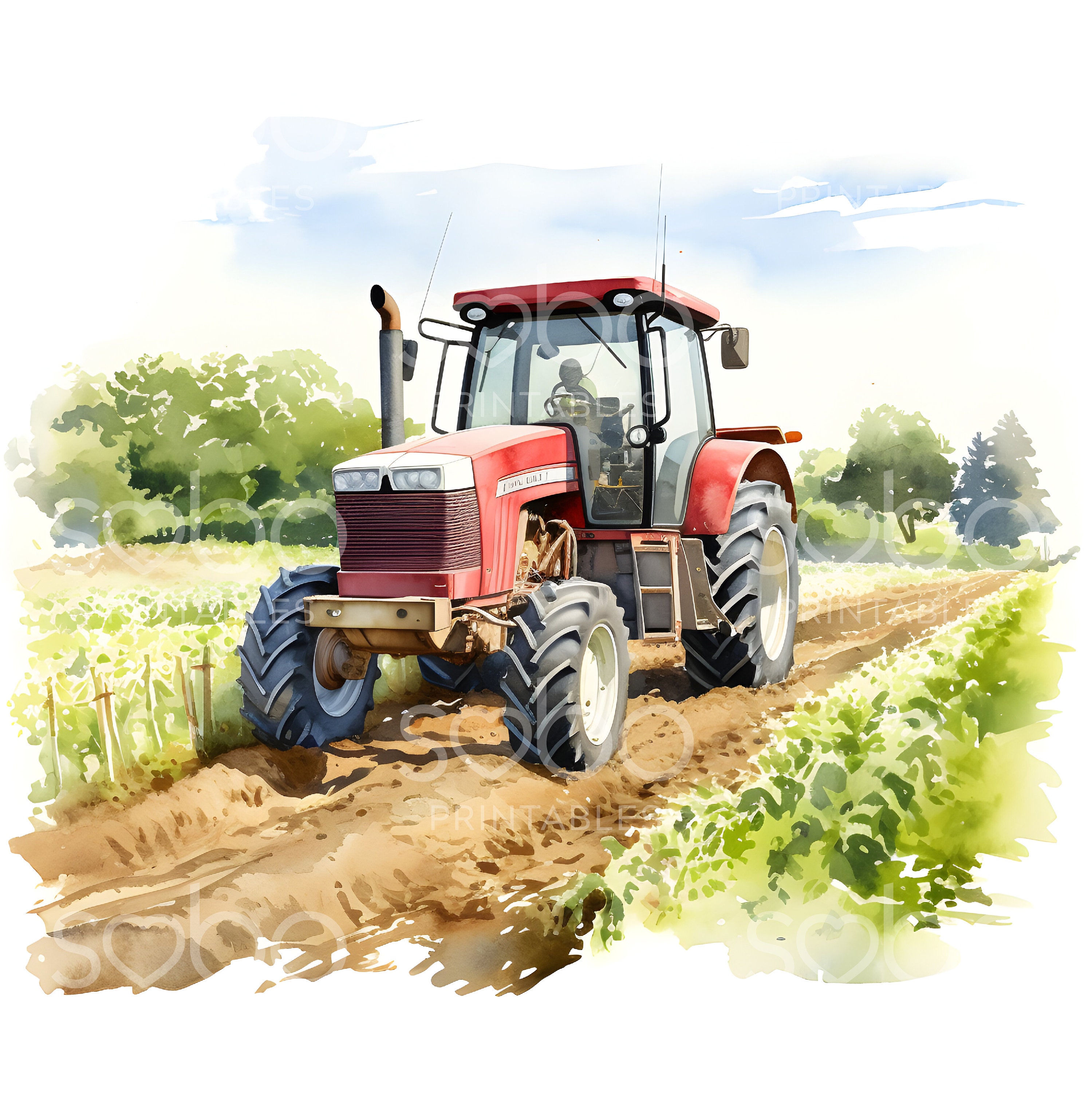 18 Farm Tractor Clipart, Farm Clipart, Printable Watercolor Clipart ...
