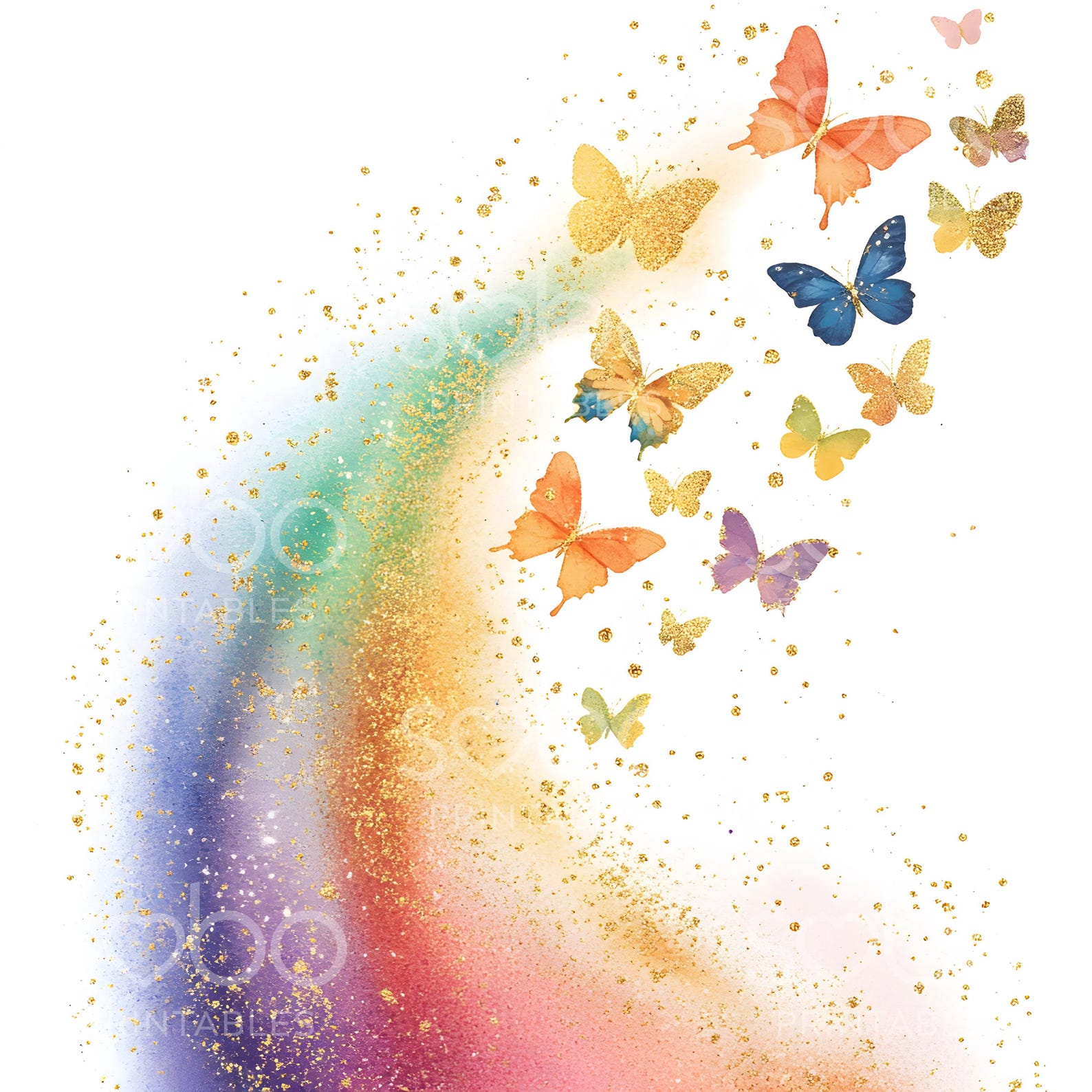 20 Rainbow Butterflies Clipart, Pastel Rainbow, Colourful Gold ...