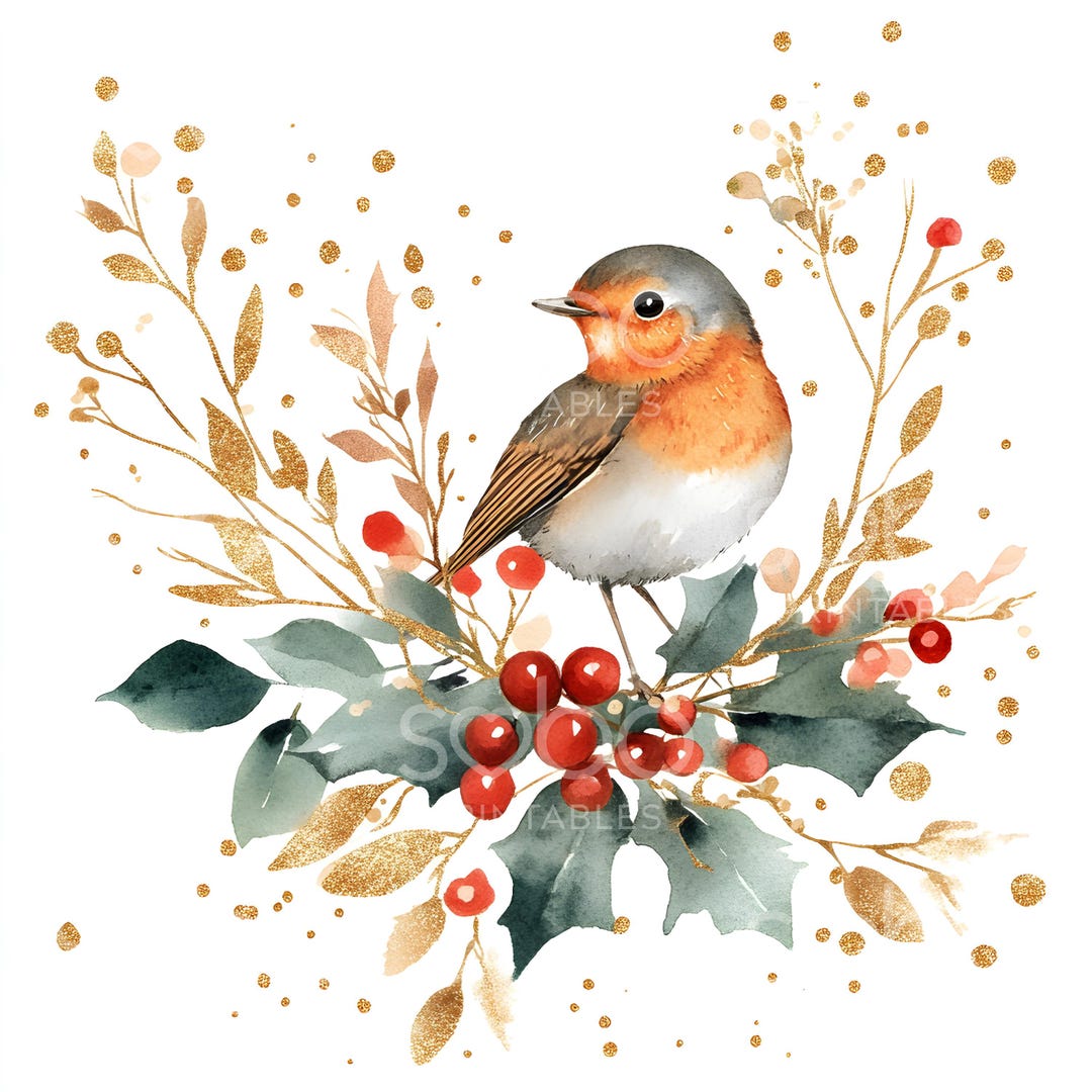 21 Christmas Robins Clipart, Gold Christmas, Watercolor Christmas Card ...