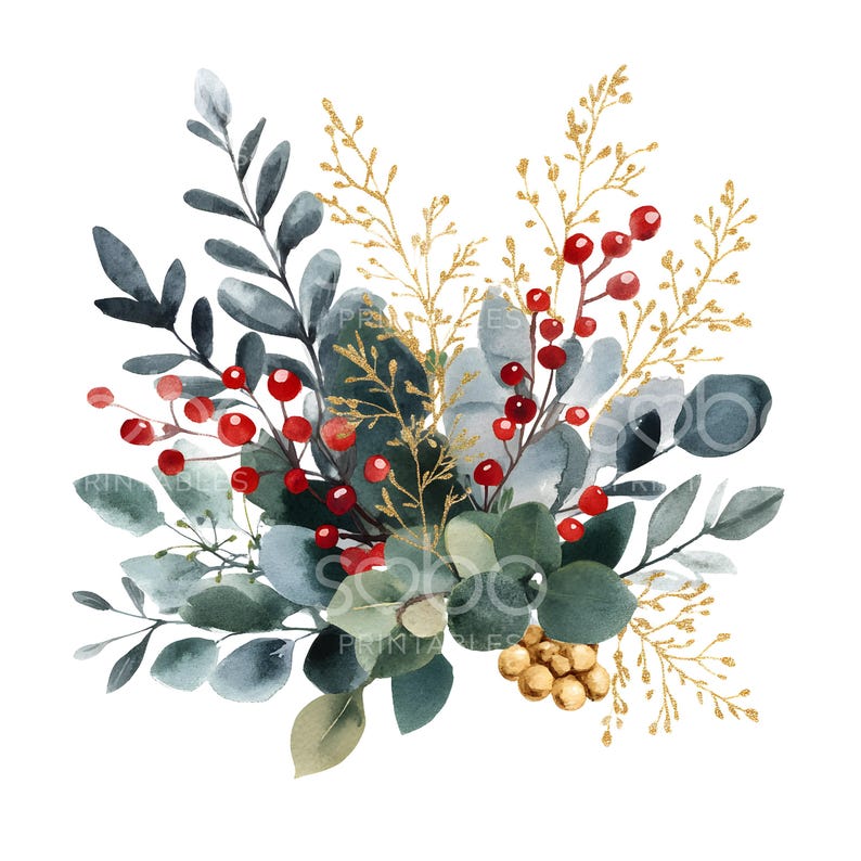 25 Christmas Leaves Bouquet Clipart, Festive Flowers, Christmas Card ...