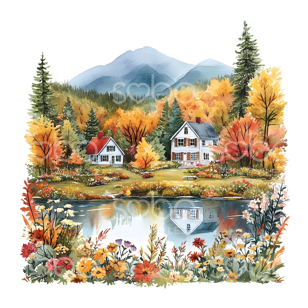 18 Fall Lake Houses Clipart, New Hampshire, Fall Autumn Wall Art ...
