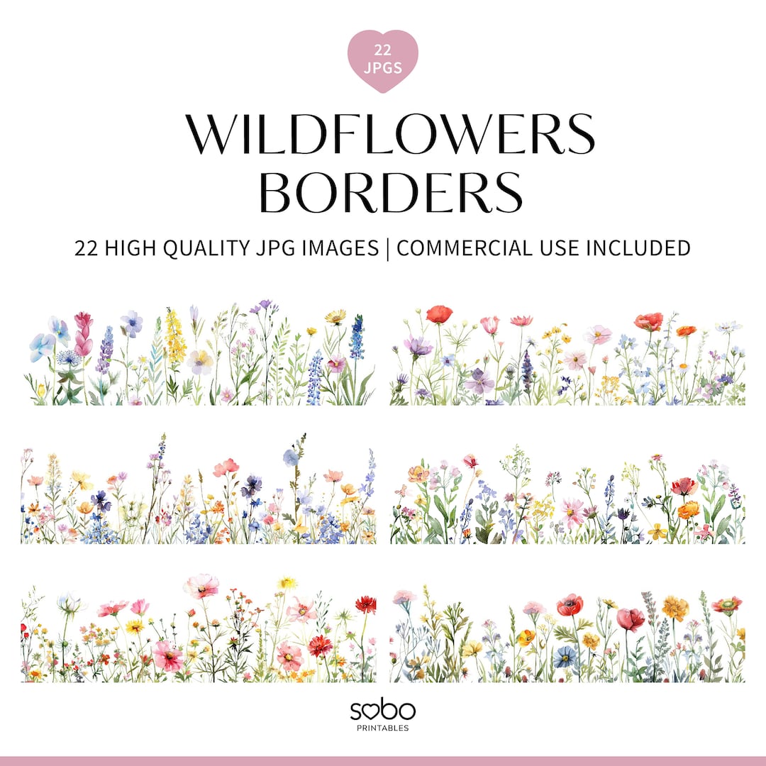 22 Wildflower Borders Clipart, Wildflowers Border Clipart, Digital Clipart, Watercolor, High ...