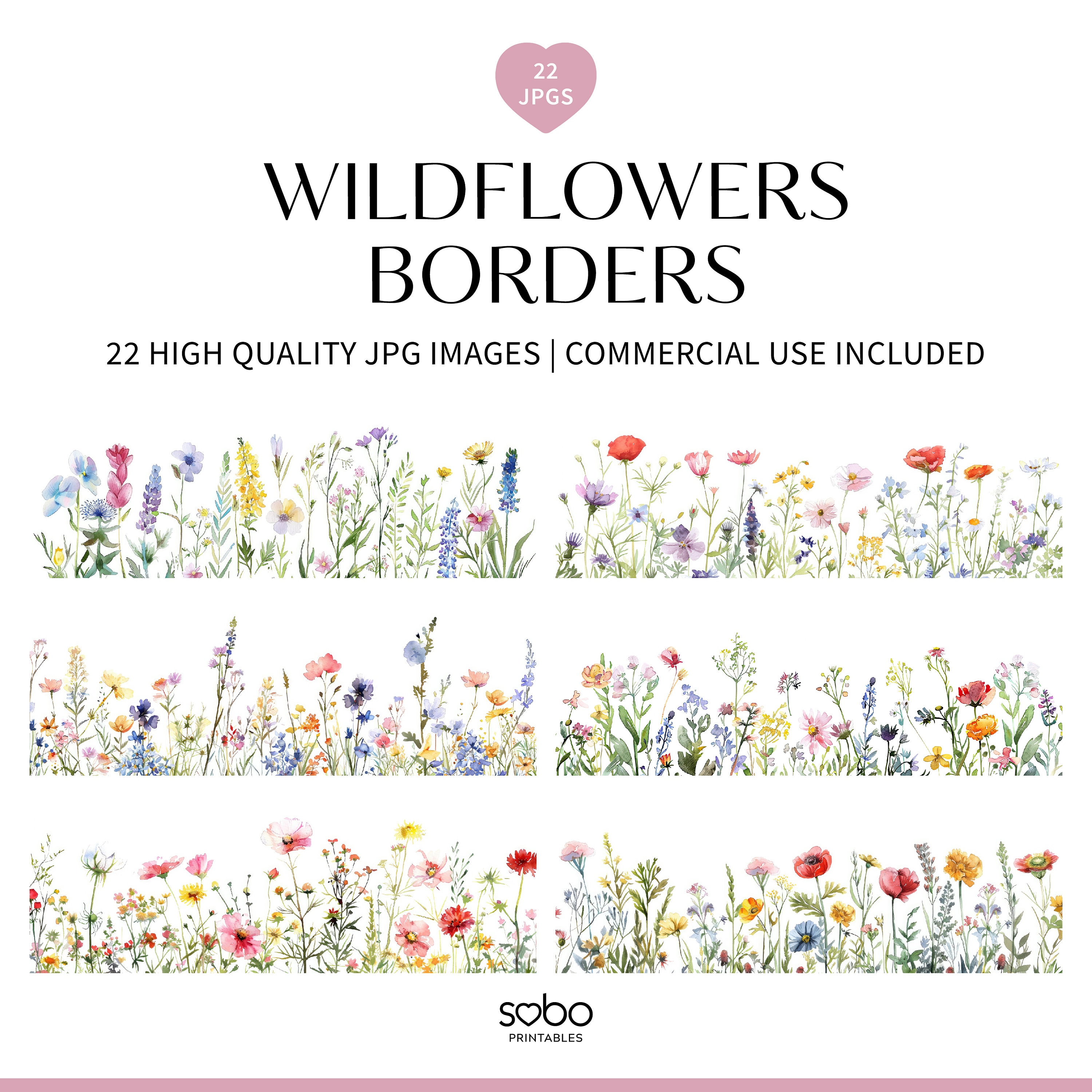 22 Wildflower Borders Clipart, Wildflowers Border Clipart, Digital ...