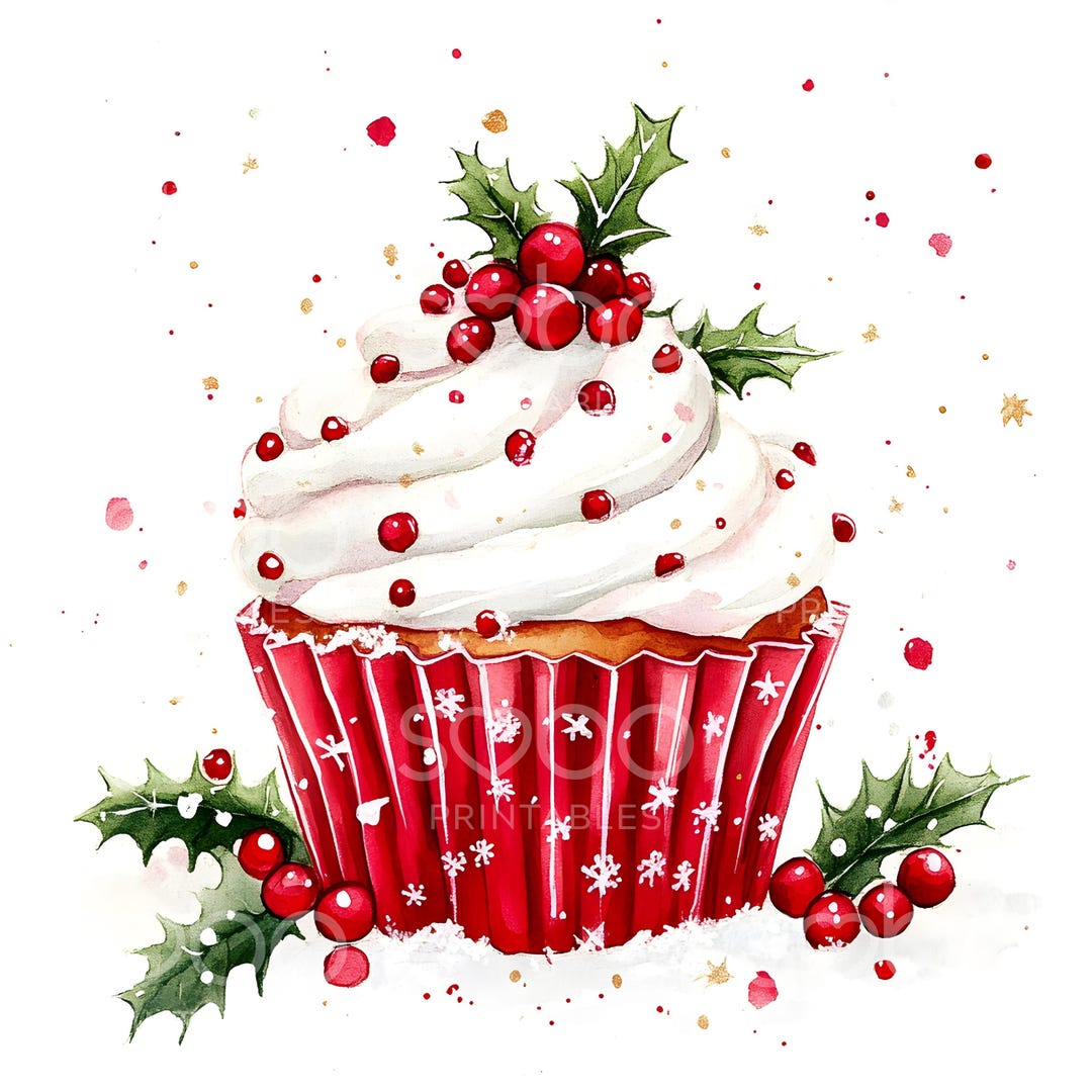 20 Christmas Cupcake Clipart, Festive Dessert, Watercolour Christmas ...