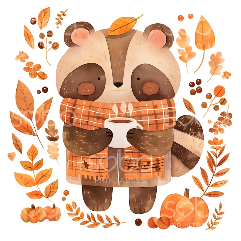 Cute Fall Raccoon Clipart 11 High Quality Jpgs, Wall Art, Scrapbook ...