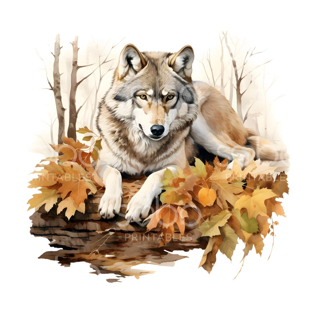25 Wolf Fall Leaves Clipart, Autumn Wolf, Printable Watercolor Clipart ...