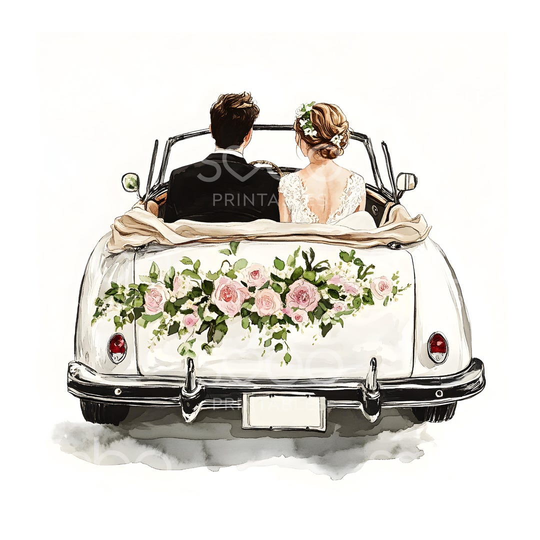 20 Wedding Car Couple Clipart, Just Married Wedding Car, Printable Art ...