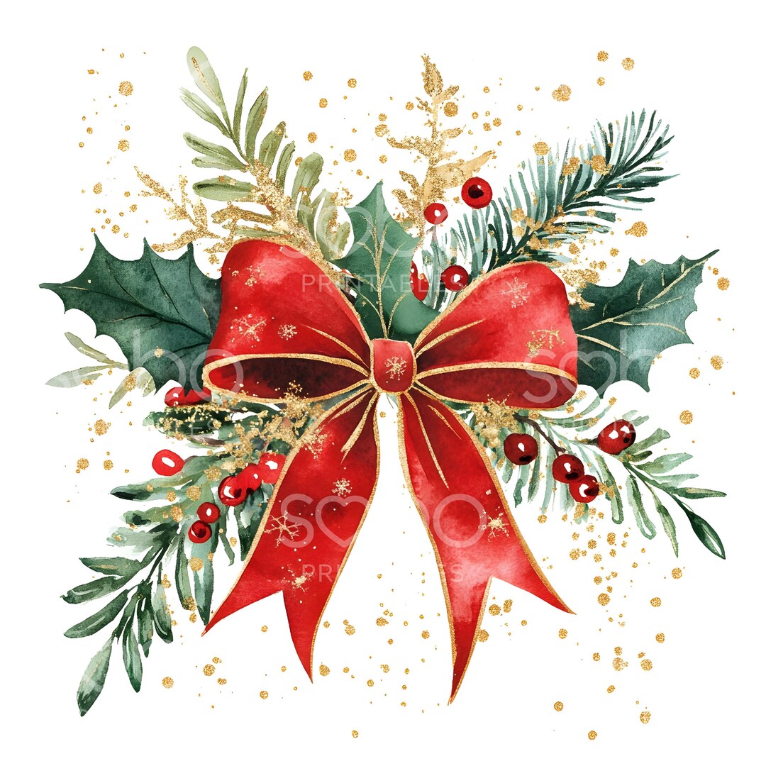 25 Christmas Red Bow Clipart, Festive Gold Bow, Christmas Card Art ...