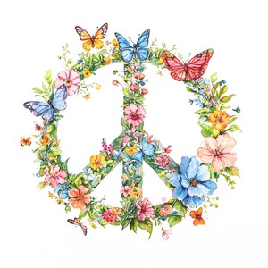 20 Floral Peace Sign Clipart, Retro Peace Sign, Butterflies Flowers Art ...