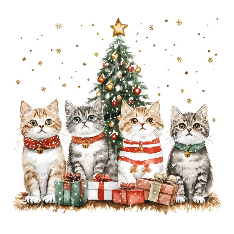 24 Christmas Tree Cats Clipart, Festive Cats, Watercolour Christmas ...
