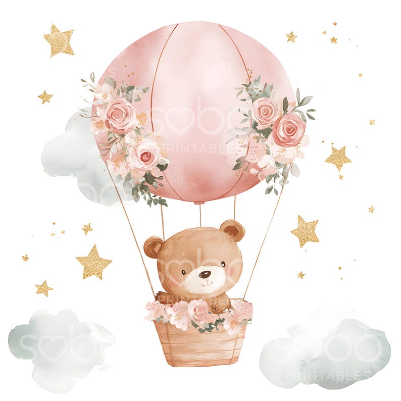 17 Pink Teddy Bears Clipart, Hot Air Balloons, Baby Shower Clipart ...