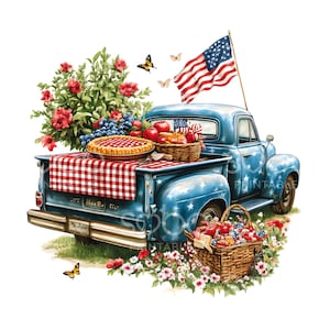23 Patriotic Truck Clipart, 4th of July Picnic, Printable Watercolor ...