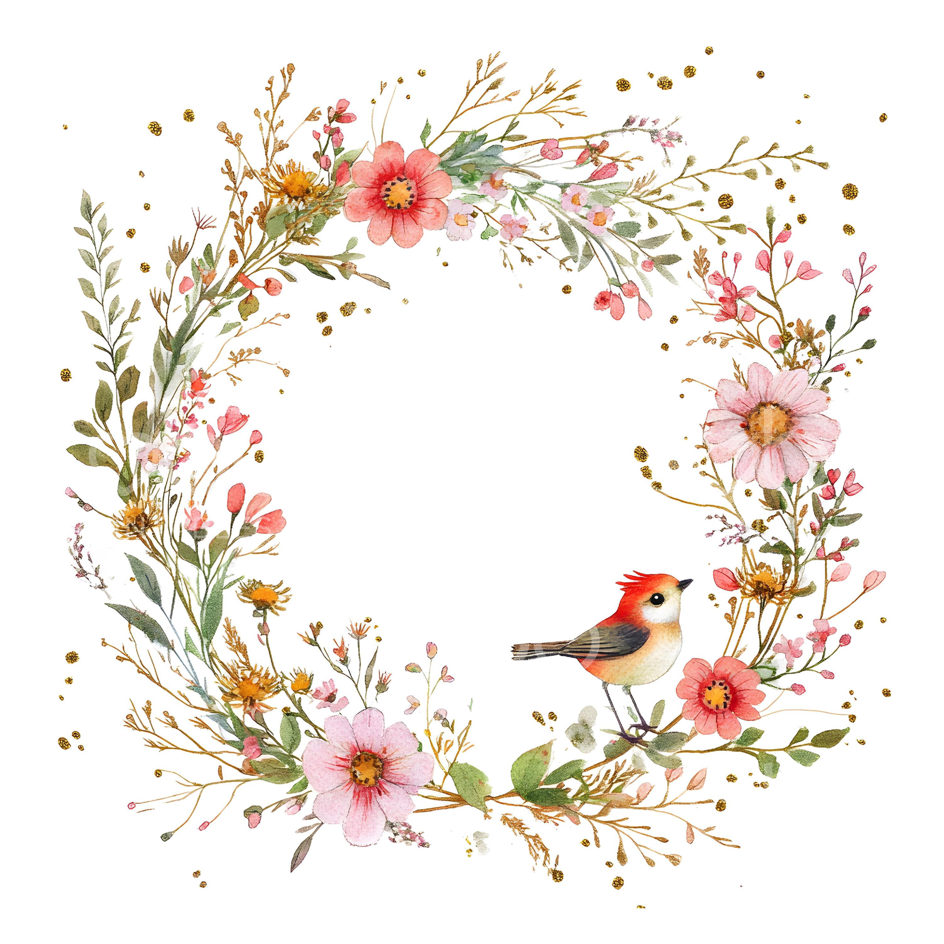 22 Floral Bird Wreaths Clipart, Wildflower Wreath Art, High Quality ...