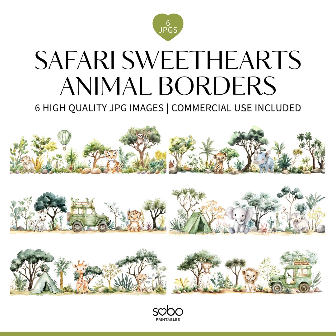 6 Safari Sweethearts Animals Clipart Border, Jungle Animals, Jungle ...