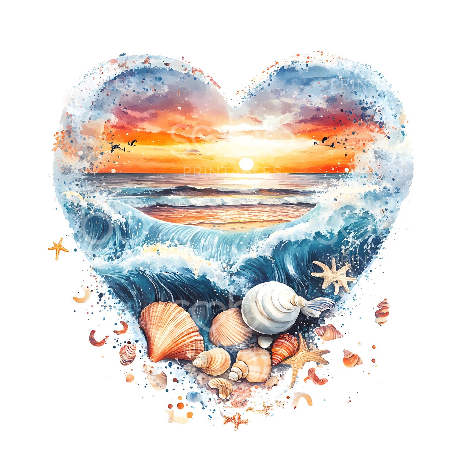 28 Heart Beach Clipart, Ocean Heart, Retro Beach Heart, Ocean Sea Waves ...