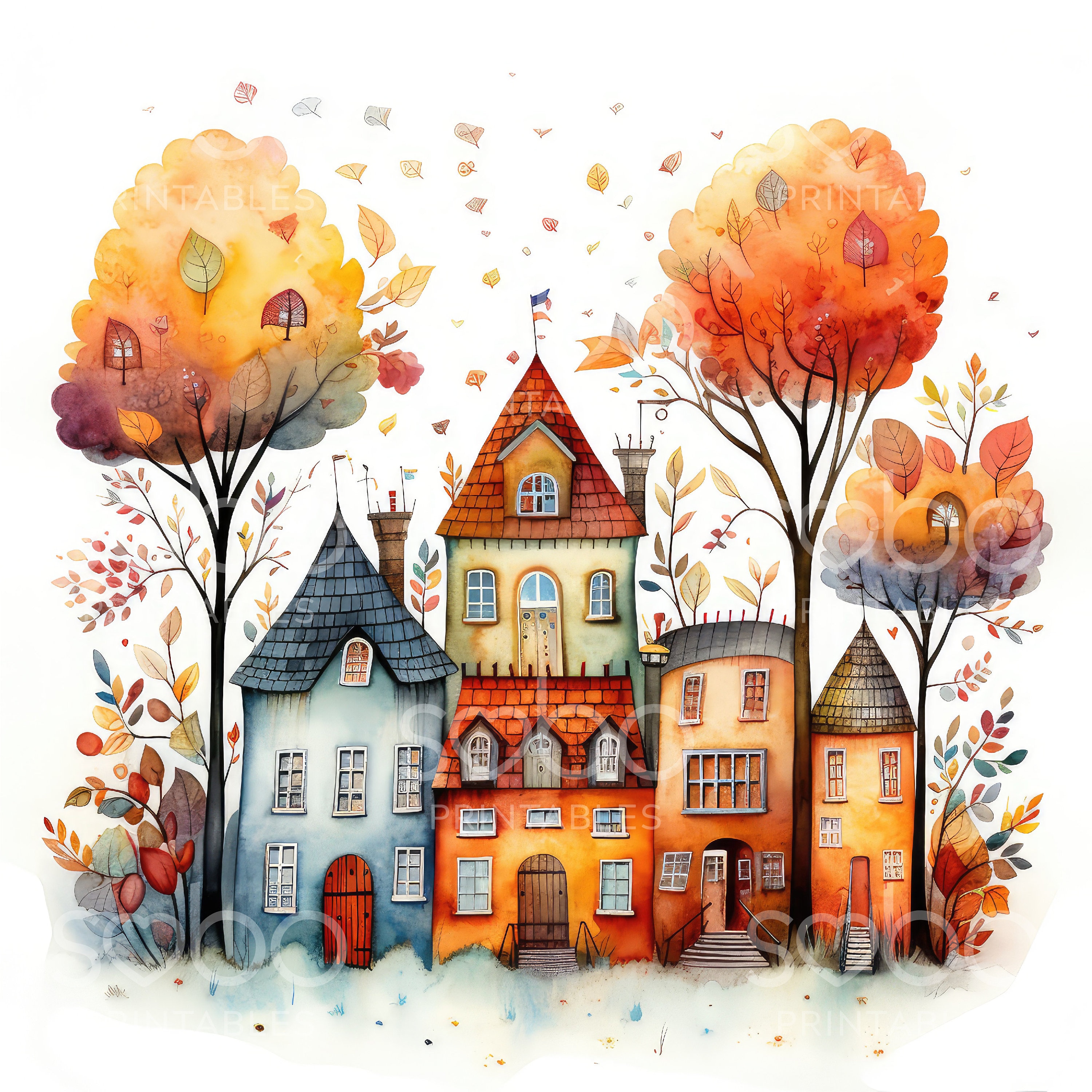 Quirky Autumn Houses - 11 High Quality Jpgs, Wall Art, Scrapbook, Junk ...