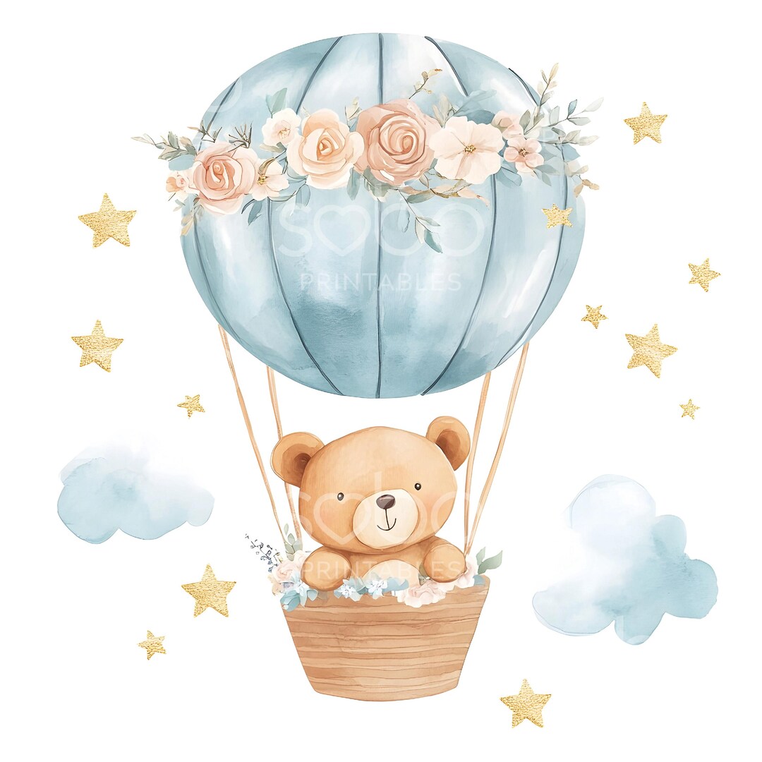 21 Blue Teddy Bears Clipart, Hot Air Balloons, Baby Shower Clipart ...