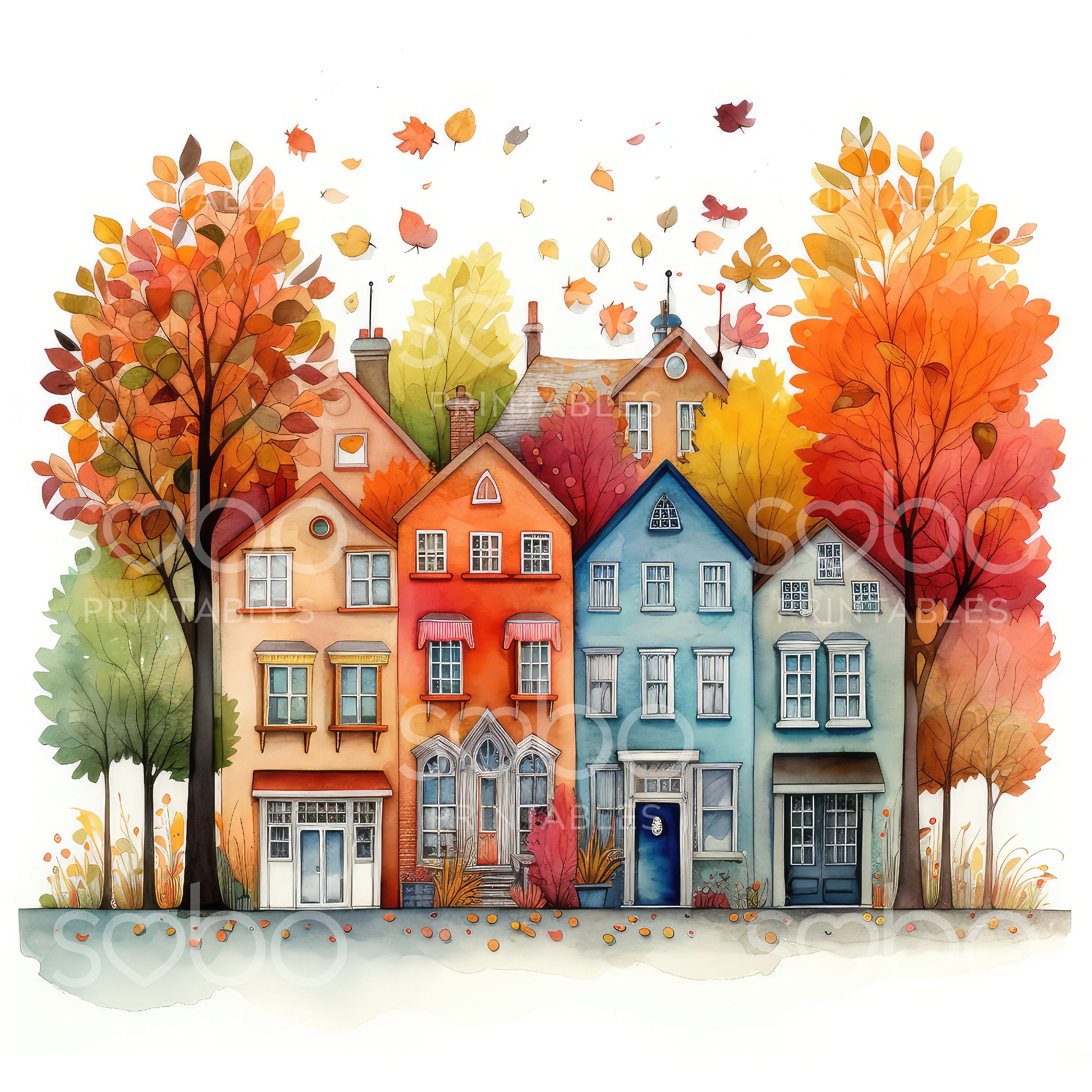 Quirky Autumn Houses - 11 High Quality Jpgs, Wall Art, Scrapbook, Junk ...