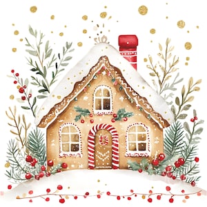 16 Gingerbread House Clipart, Gold Christmas, Watercolor Christmas Card ...